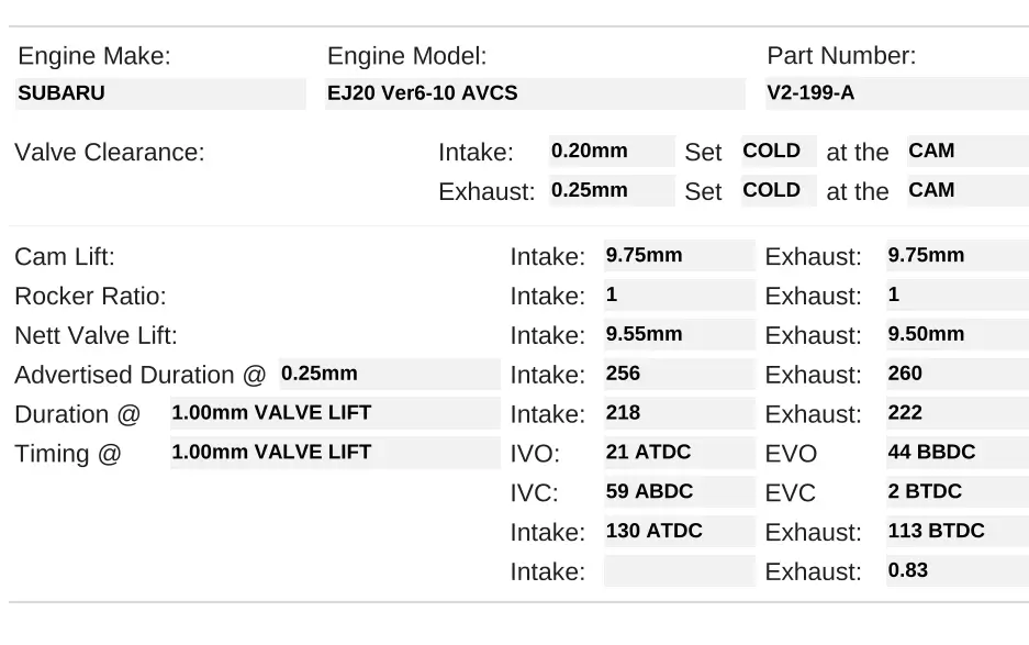 V2-199-A | EJ20 STi V7-10 AVCS - Kelford Cams