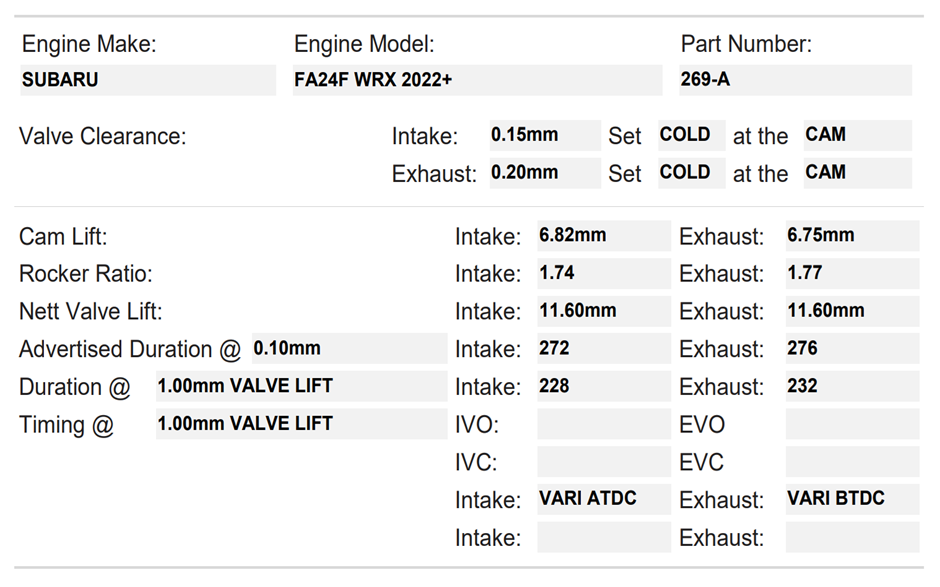 269-A | FA24F WRX 2022+ - Kelford Cams
