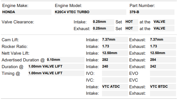 379-B | K20C4 Turbo - Kelford Cams